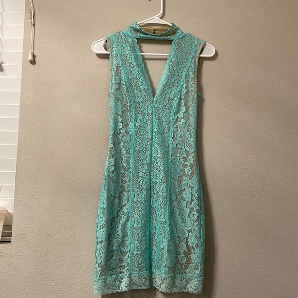 bebe | Dresses | Bebe Short Lace Bodycon Dress Teal Blue Lace And Tan ...